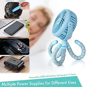 Stroller Fan, 2600mAh Battery Powered Personal Desk Air Circulator Fan with Flexible Tripod, Ultra Quiet 4 Speed 360° Rotatable USB Fan for Stroller Office Camping Hurricane Outage, Blue