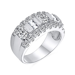 Personalize Channel Set AAA CZ Alternating Round Baguette Wide Couples Art Deco Style Wedding Band Ring For Women .925 Sterling Silver 9MM Customizable