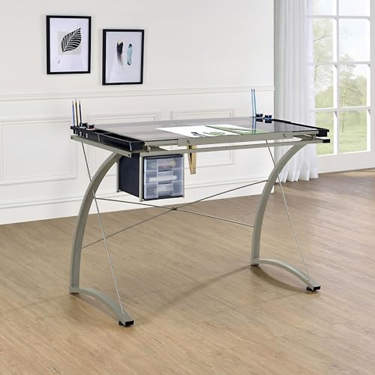 Coaster Home Furnishings Melo Modern Drafting Table for Office Drawing Desk Adjustable Angle Top Smoked Tempered Glass Top with Reversible Drawers Steel Frame Silver 800986
