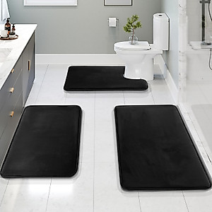 Clara Clark 3 Piece Bathroom Rugs Bath Mat Set, Velvet Memory Foam Bath Mats for Bathroom - Non-Slip, PVC Backing Bath Rugs, Washable Bathroom Rug Mats - Dries Quickly, Black Bathroom Rug Set