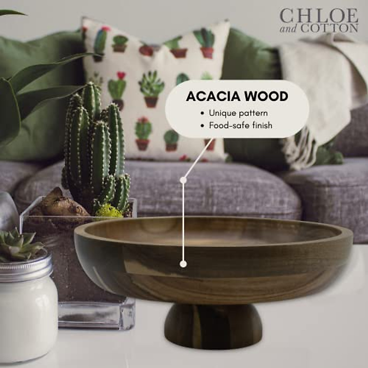 Chloe and Cotton | Large 12-Inch Brown Acacia Wood Bowl | Kitchen Counter Fruit Bowl | Decorative Pedestal Bowl for Entryway Table Decor