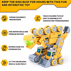 Grechi Take Apart Dinosaur Toys for Kids 5-8, 5 in 1 Construction Vehicles Transform into Big Dinosaur Robot STEM Toys for 3 4 5 6 7 8 Year Old Kids, Boys