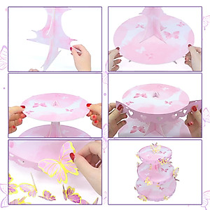 WEEPA Butterfly Cupcake Stand Birthday Party Supplies 3-Tier Round Cupcake Stand DIY Pink Cake Stand Display Table for Theme Party Birthday Baby Shower Wedding