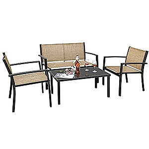 Flamaker 4 Pieces Patio Furniture Outdoor Furniture Set Textilene Bistro Set Modern Conversation Set Black Bistro Set with Loveseat Tea Table for Home, Lawn and Balcony (Yellow)