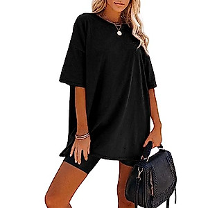 Remidoo Women's Oversized T Shirt Solid Short Sleeve Distressed Solid Tees T-Black Large