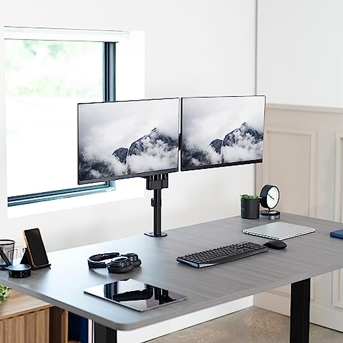 VIVO Dual Monitor Arm Mount for 17 to 32 inch Screens - Pneumatic Height Adjustment, Full Articulating Tilt, Swivel, Heavy Duty VESA Stand with Desk C-clamp and Grommet Option STAND-V002K