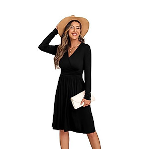 GRECERELLE Long Sleeve Dress for Women, Casual Fall Dress, Black Dresses, Wrap V-Neck Party Dress(Large, Black + Pockets)