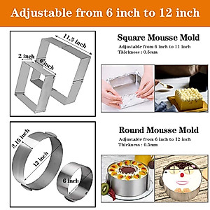 Cyimi Adjustable Cake Mould Stainless Steel Cake Mousse Ring 6 to 12 Inch, Thickened Cake Ring Mould Set of 2 for Baking,DIY Cake (Round+Square)