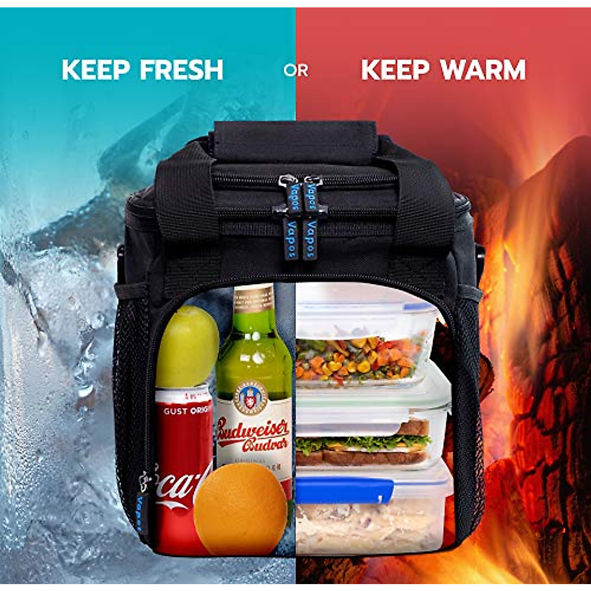 Vapos Roomy Insulated Lunch Bag for Men and Women with Space for More Meals and Snacks. Easy to Clean. Keeps Food Fresh for 8h. Functional Lunch Box for Adults with More Pockets for daily essentials.