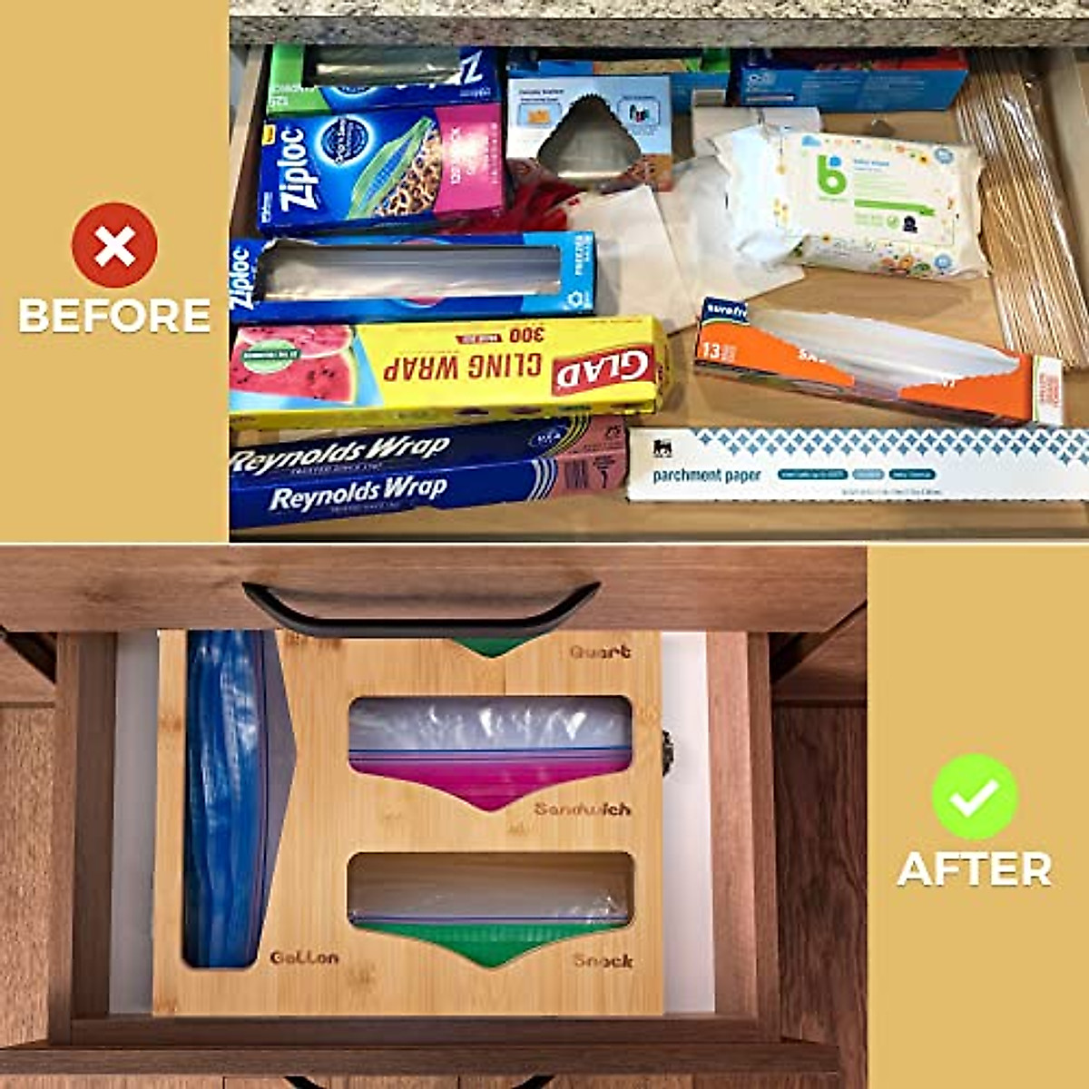 CasaClassics Ziplock Bag Storage Organizer – Eco-Friendly Bamboo Organizer for kitchen drawer – Easy to load Ziplock bags – Wall mountable - Compatible with Ziploc, Solimo, Glad, Hefty for Gallon, Quart, Sandwich, and Snack Variety Size Bag