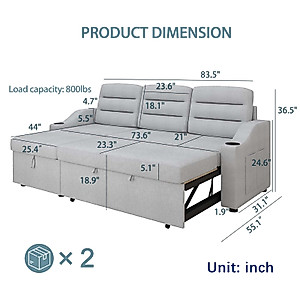 83.5"Convertible Sleeper Combo Sofa, L Shaped Sleeper Sofa,Convertible Sofa Bed with Storage Recliner and Cup Holder,2 in 1 Pull Out Couch,Polyester Sleeper Sofa for Living Room,Apartment, Light Grey