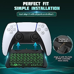 TiMOVO Green Backlight Keyboard for PS5 Controller, Wireless Bluetooth Keypad Chatpad for Playstation 5 Controller, Mini Game Keyboard Built-in Speaker with 3.5mm Audio Jack, Black+White Frame