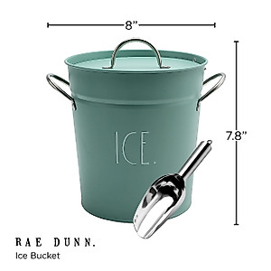 Rae Dunn Ice Bucket with Scoop - Stainless Steel Bucket with Handle, Lid and Ice Scooper - 4 Qt. Storage Bin for Ice Cubes for Bars, Parties, Backyard Barbeques, Picnics, and Camping (Sage)