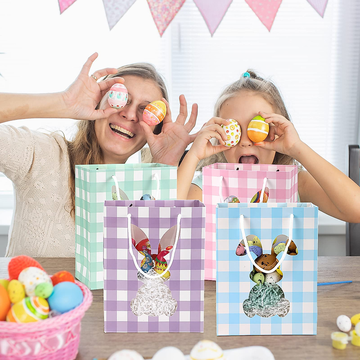 12 Pcs Easter Gift Bags with Handle Rabbit Shape Paper Bags with Window 9x7x4" Bunny Easter Treat Bags Buffalo Plaid Green Blue Purple Pink Goodie Bags Candy Bag for Kids Easter Party Gift Wrapping