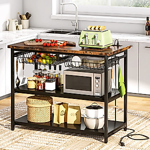 Tribesigns Kitchen Island with Storage, Industrial Island Table with Power Outlets and Wire Baskets, 3 Tier Microwave Oven Stand Butcher Block Island with Large Worktop, 4 Hooks, Rustic Brown