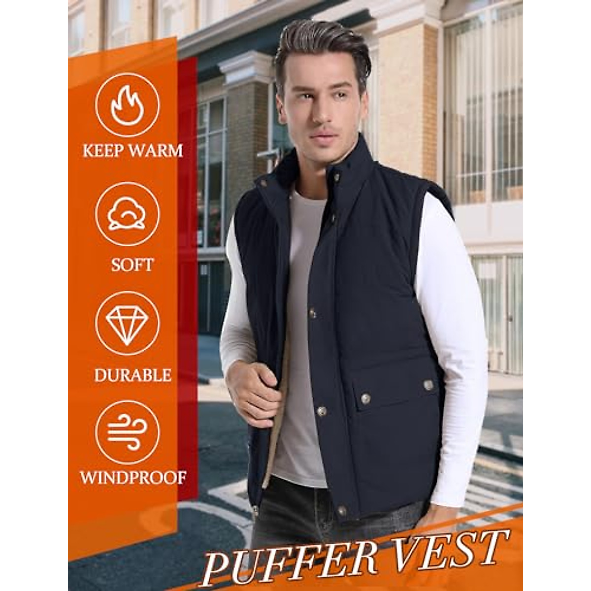 Flygo Men's Winter Warm Outdoor Padded Puffer Vest Thick Fleece Lined Sleeveless Jacket (Blue 2XL)