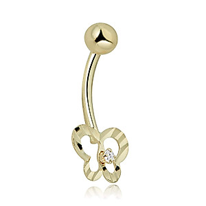 AVORA 10K Yellow Gold Open Butterfly 0.02 CT Genuine Diamond Belly Button Ring Body Jewelry (14 Gauge)