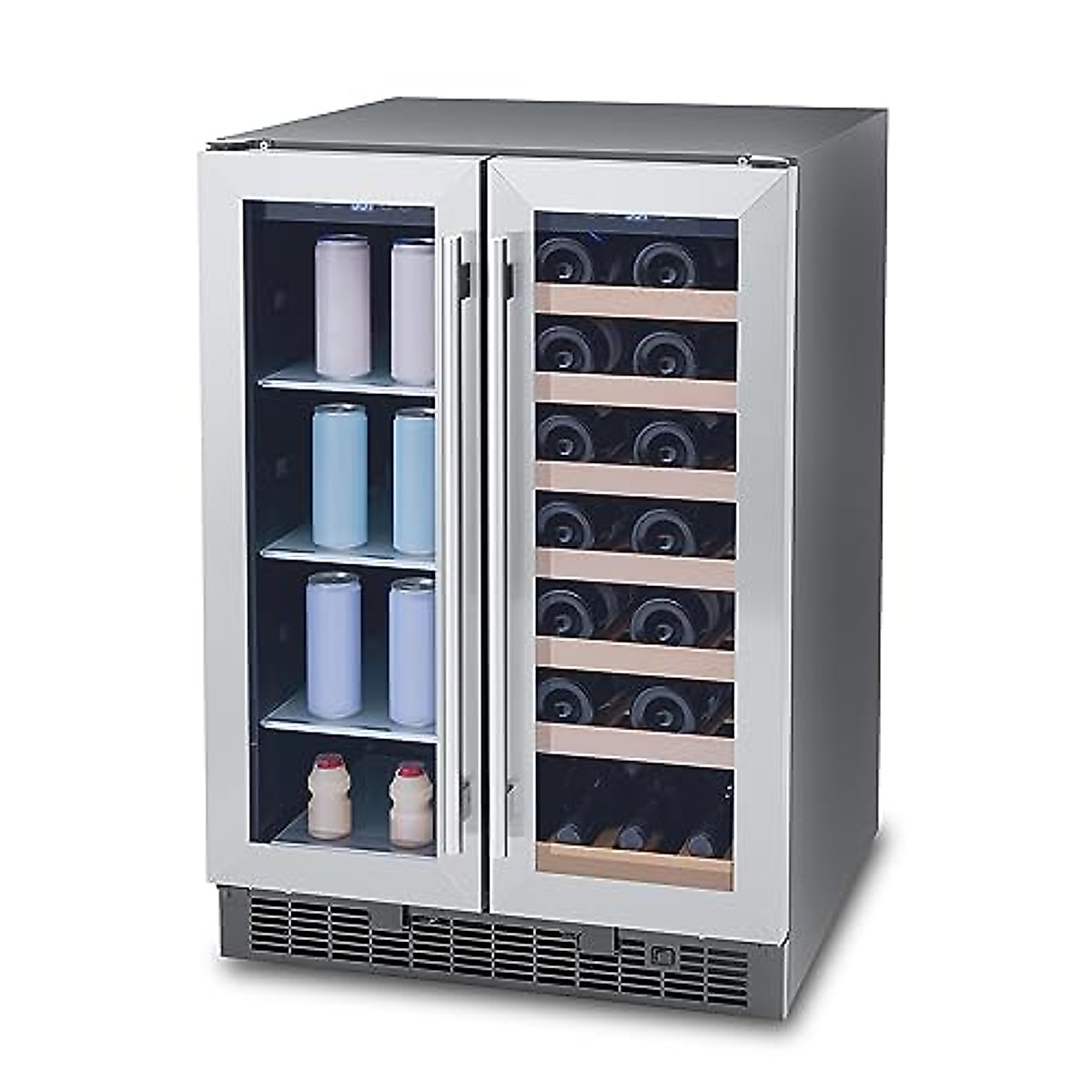BHTOP Wine Fridge, 24" Beverage Refrigerator, Dual Zone Beverage Fridge Cooler, Holds 27 Bottles and 60 Cans, Stainless Steel French Door Digital Temperature Control, Key Lock Quiet Operation