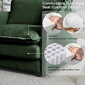 KIVENJAJA Chenille L-Shaped Modular Sectional Sofa, Modern 3-Seater Comfy Deep Seat Cloud Couch with Ottoman/Chaise & 5 Pillows for Living Room Office Apartment, 111.5”W, Green