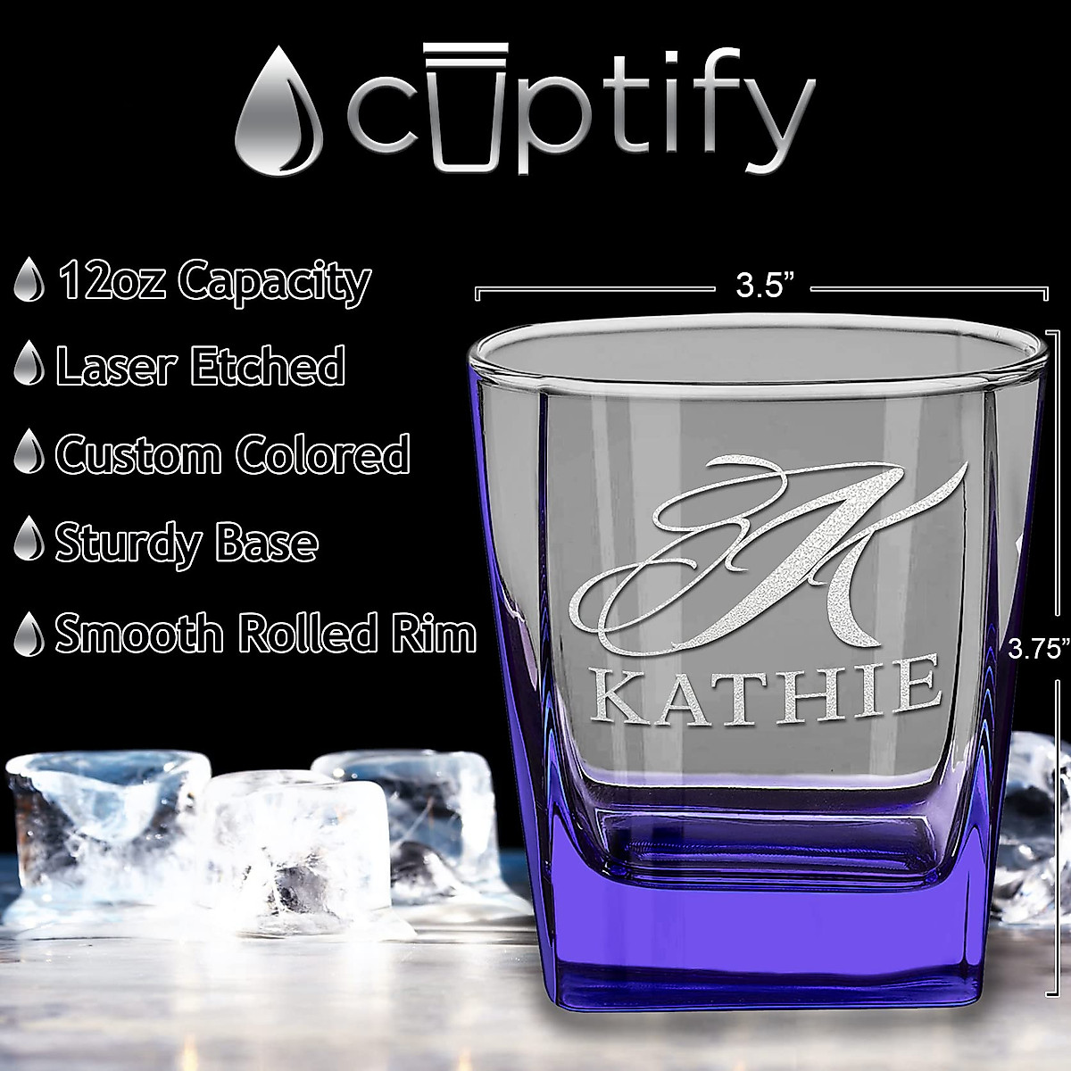 Personalized Whiskey Glass for Men Script Initial and Name 12 oz Purple Bottom Etched Double Old Fashioned Rocks Cocktail Bourbon Glass Custom Gift