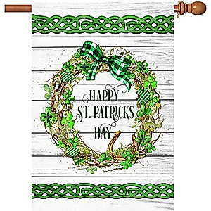 Surfapans Happy St Patricks Day Wreath House Flag 28x40 Inch Double Sided Outside Burlap Large Outdoor Yard Flags Porch Home Farmhouse Decoration