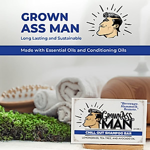 Grown Ass Man Co. - Solid Shampoo Bar Rich Lather 3 in 1: Hair, Beard & Body Wash - Plastic Free & Eco-Friendly, Natural & Organic Clean for All Hair Types, 4oz Bar (Chill Out, 3-Pack)