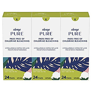 Always Pure Ultra Thin Regular Pads with Wings, 72 Count, Unscented (3 Packs of 24 - 72 Count Total)