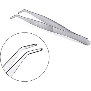 Long Forceps Tweezers, Serrated Bent Tweezers Flat Tips Precision Curved Science Surgical Tongs Jewelers Needle Metal Sewing Sharp Small Kitchen Cooking Tweezers With Teeth Knurled Handles (1PCS)