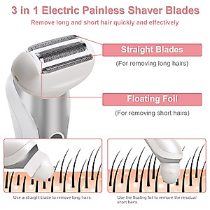 Electric Shaver for Women Legs, Painless Lady's Bikini Trimmer Body Hair Removal, Waterproof 3-in-1 Blade Hair Razor Epilator with LED Display for Arm Armpit Chin Bikini Area & Upper Lip (White)