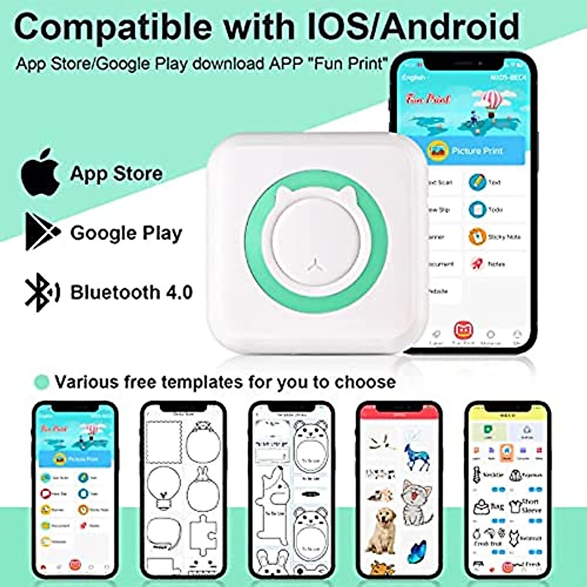 TVAIGER Mini Printer Portable, Wireless Bluetooth Thermal Sticker Printers with 6 Rolls Printing Paper, Compatible with Android iOS for Label Receipt Photo Notes and Memos (Green)