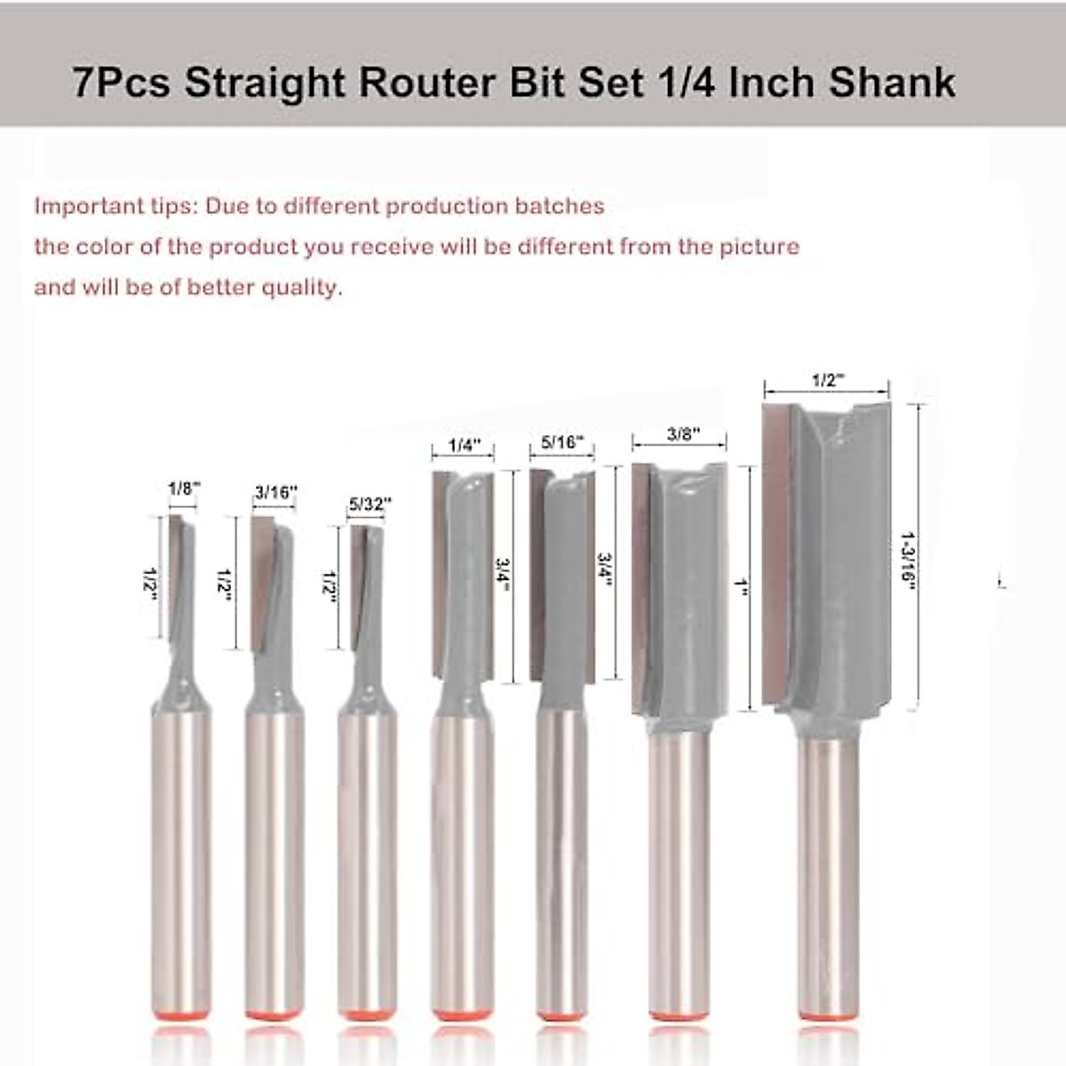 7Pcs Straight Router Bit Set 1/4 Inch Shank, Carbide Tipped Double Flute Straight Cut Router Bits, Straight Bit for Dado Trimming Cutter, Cut Dia 1/8",5/32", 3/16",1/4",5/16",3/8",1/2"