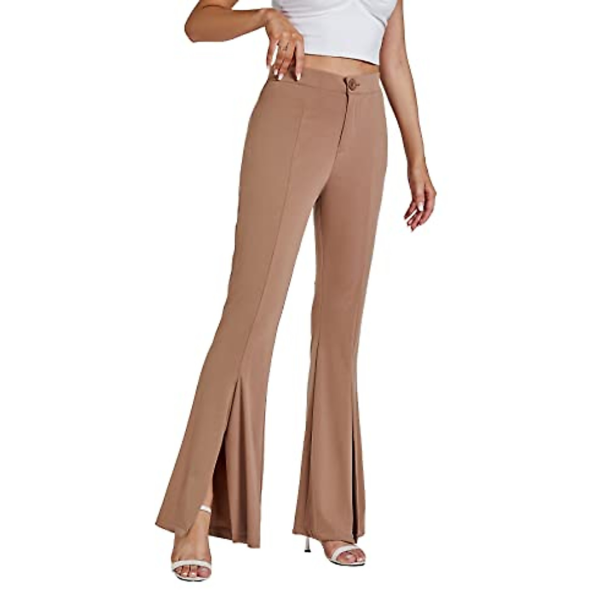 LYANER Women's Elastic High Waist Flare Leg Split Front Elegant Long Pants with Pockets Khaki X-Large