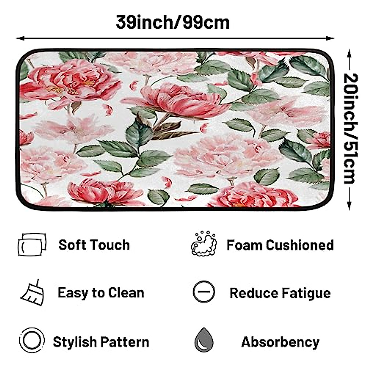 KOBLEN Red Peony Leaves Kitchen Rugs Non Slip Washable Absorbent Kitchen Mats 20x39 inch Cushioned Anti Fatigue Kitchen Floor Mats for in Front of Sink