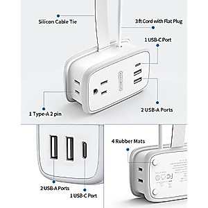 USB C Travel Power Strip, NTONPOWER Flat Plug Power Strip with 3ft Wrapped Around Extension Cord, 2 Outlets 3 USB Ports(1 USB-C) Cruise Ship Approved, Compact for Hotel, Travel Essentials Must Have