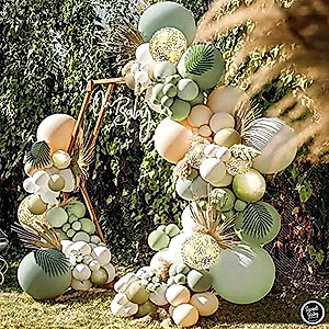Sweet Baby Co. Sage Green Balloon Garland Arch Kit with Eucalyptus Olive, Peach, White, Gold Balloons and Greenery for Forest Safari Jungle Tropical Theme Decorations Baby Bridal Shower Birthday Party