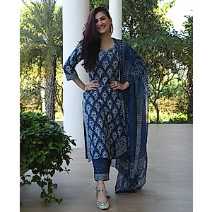 Amayra Women's Rayon Printed Straight Kurti with Palazzos and Dupatta Set(Blue,M)