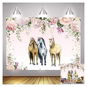 Pink Flower Countryside West Cowboy Cowgirl Horse Theme Photography Backdrop 5x3ft Children Boy or Princess Girl Birthday Photo Background Baby Shower Party Supplies Banner Cake Table Decor Vinyl