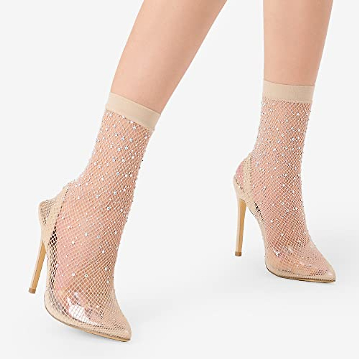 DREAM PAIRS Women's SDPU2233W High Heels Closed Toe Clear Rhinestone Stiletto Sexy Mesh Pointed Toe Slingback Heels Transparent Sparkly Dress Party Pumps Shoes, Size 8.5, Nude