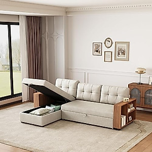 Acosure 84" Sectional Couch with Pullout Bed,L Shape Sofa Bed W/Storage Chaise and Wooden Rack,3 Movable Back Cushions,for Living Room,Office,Beige