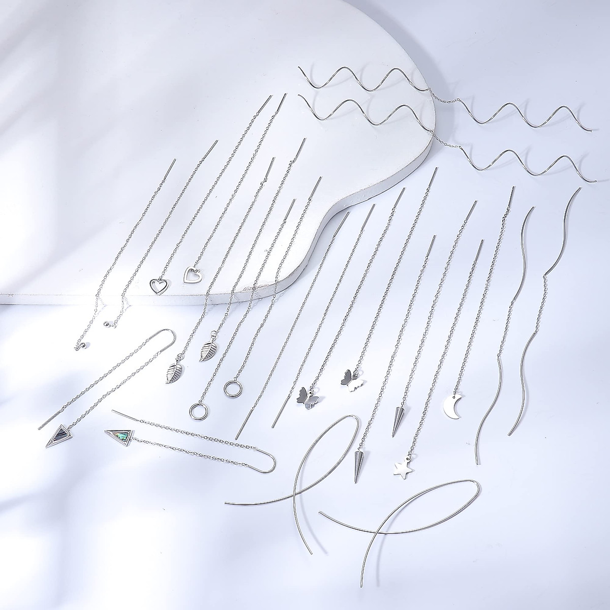 Drperfect 12Pairs Stainless Steel Threader Earrings for Women Chain Tassel Earrings Double Twist Wave Dangle Drop Chain Earrings Set