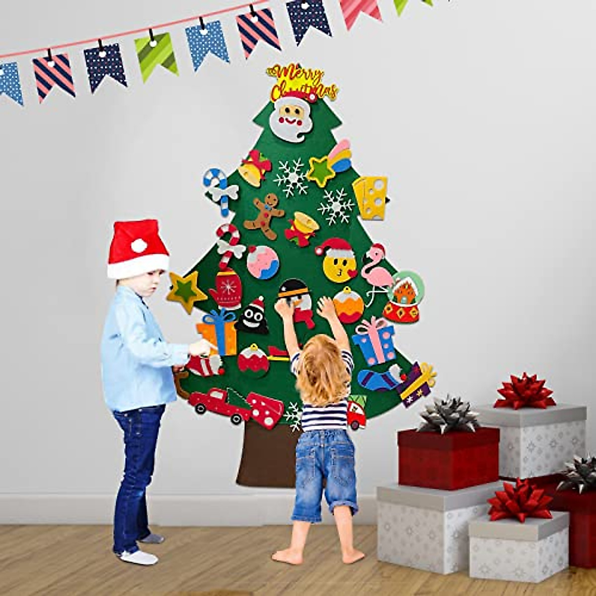 Felt Christmas Tree for Kids Wall -3D DIY Wall Christmas Tree Set with 34 Pieces of Christmas Ornament Decor, Wall Hanging Toddler Christmas Tree Decorations