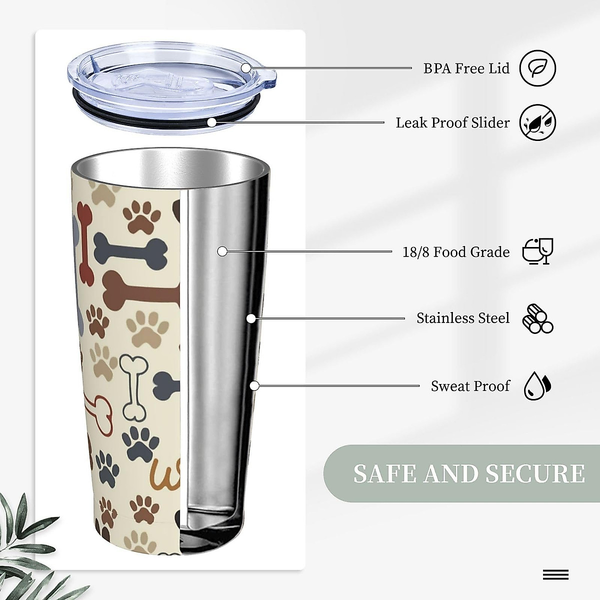 Dog Paw Prints Bones 20oz Tumbler Stainless Steel Vacuum Insulated Double Wall Travel Tumbler, Durable Insulated Coffee Mug, Thermal Cup With Lid and Straw for Hot & Cold Drinks