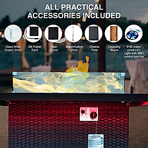 BENAIYA Patio Fire Pit Table 44x 32x 26, 50000 BTU Gas Heater for Gardens, Outdoor Firepit with Wind Guard, Stainless Steel Burner & Brown Rattan Body