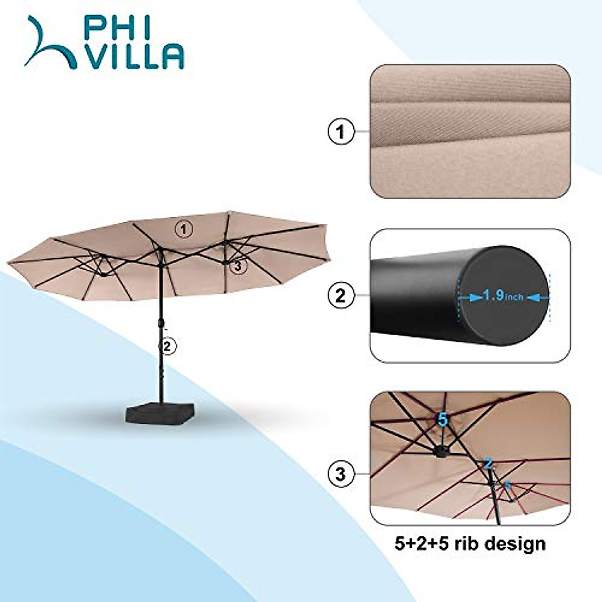 PHI VILLA 15ft Patio Umbrellas, Outdoor Market Extra Large Umbrella wirh Base, Rectangle Long Double-Sided Umbrella for Yard Lawn Garden(Beige)