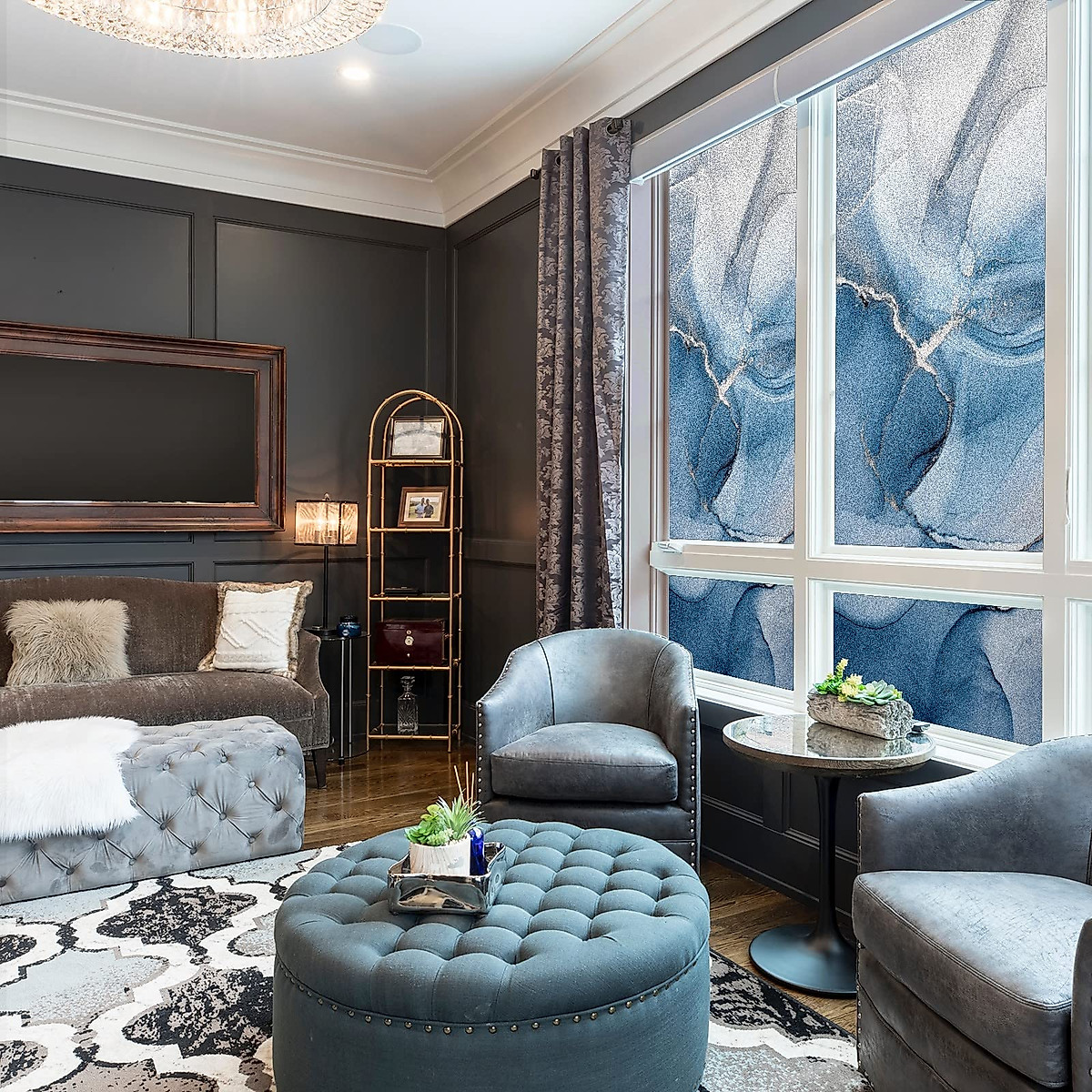 BoeHiop Window Privacy Film, Abstract Blue Ink Marble Texture Frosted Window Clings, Decorative Glass Covering Decals, Non-Adhesive Vinyl, 17.7 x 23.6 in