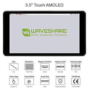 waveshare 5.5inch Capacitive Touch AMOLED Display Compatoble with Raspberry Pi 4B Comes with Protection Case 1080×1920 Resolution HDMI Toughened Glass Panel