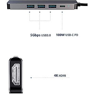 BEST CABLE USB C Hub Multiport Adapter - 5 in 1 Portable with 4K HDMI Output, 3 USB 3.0 Ports,USB C 100W PD, Compatible with MacBook Pro, XPS More USB C Devices (1Pack)