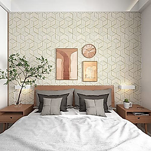 Gold and White Geometric Wallpaper Peel and Stick Wallpaper Hexagon Removable Self Adhesive Wallpaper Gold Stripes Geometric Paper Vinyl Film Decorative Shelf Drawer Liner Roll Waterproof 17.7”×118”