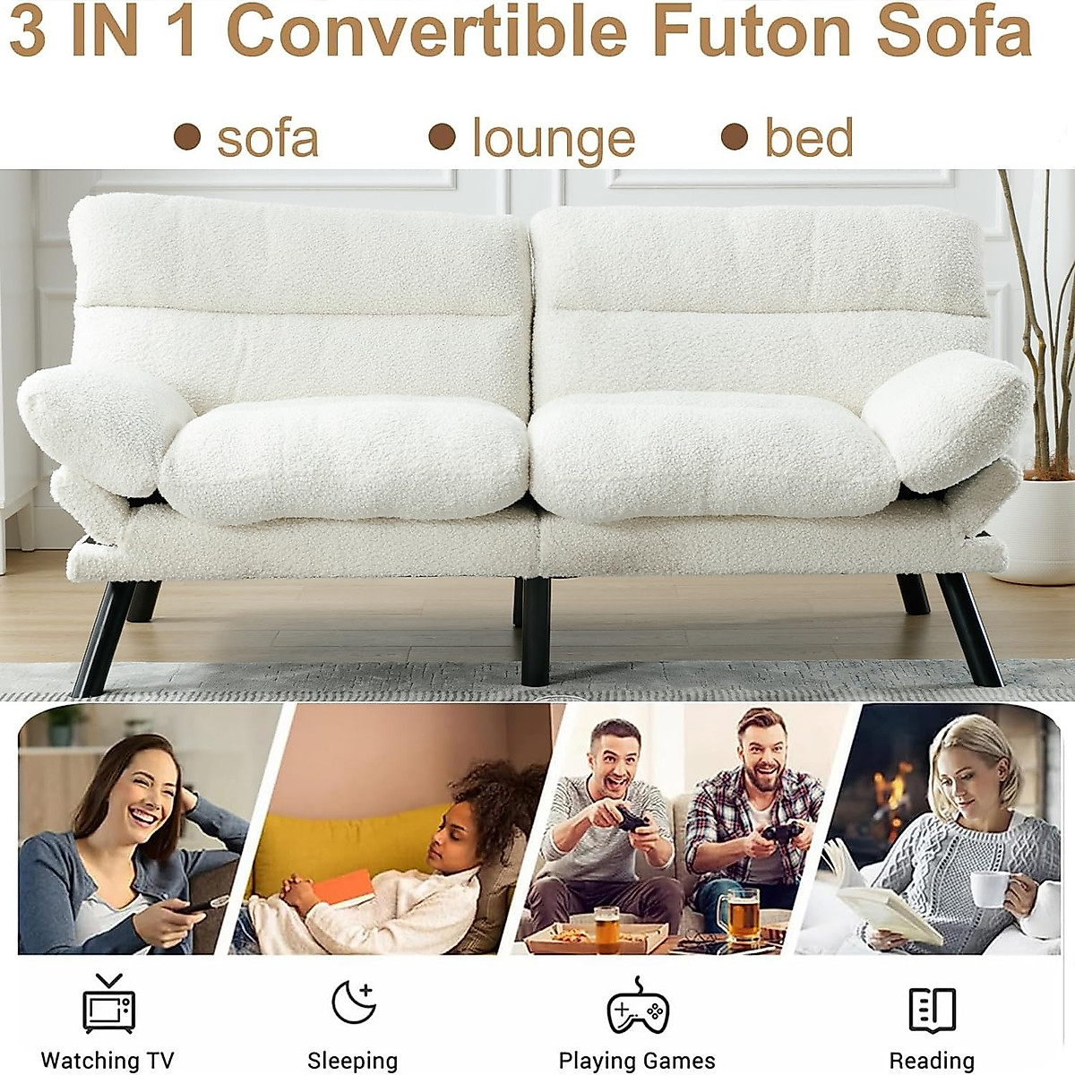 70" Modern Teddy Convertible Folding Futon Couch Sofa Bed Adjustable Pillow Top Arm Memory Foam Couch Double Loveseat Sofa for Compact Living Space,Dorm,Game Studio,Apartment,Bedroom (White Teddy)