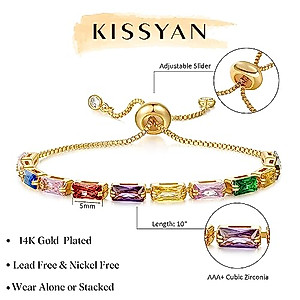 KissYan Tennis Bracelet for Women, 14K Gold Plated Cubic Zirconia Adjustable Slider Bracelets Classic Trendy Jewelry Gift for Girls(Colorful)